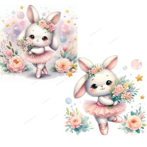 Watercolor Ballerina Bunny Clipart, 12 PNG Floral Bunny Clipart, Ballet ...