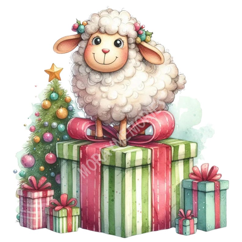 10 Cute Whimsical Christmas Sheep PNG | Watercolor & Ink Cartoon ...