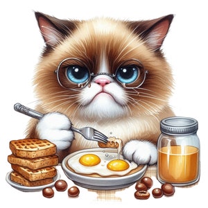 Watercolor Grumpy Breakfast Cat Clipart, PNG Grumpy Animal Clipart, Cat ...
