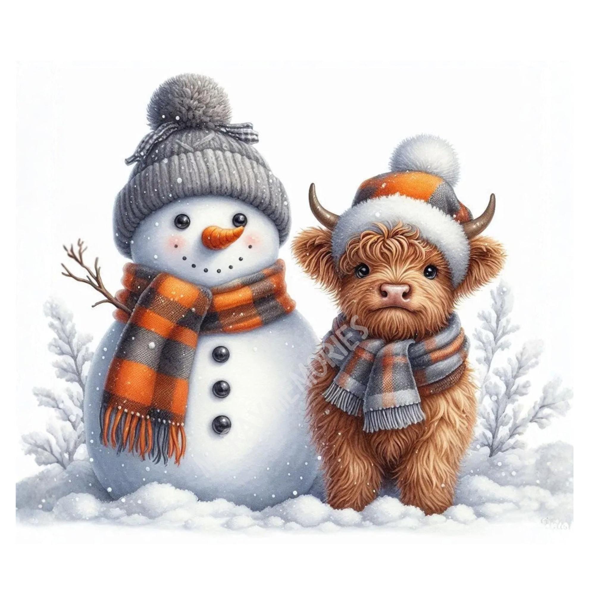 10 Highland Cow & Snowman Clipart, Christmas Winter JPG, Cozy Hot Cocoa ...