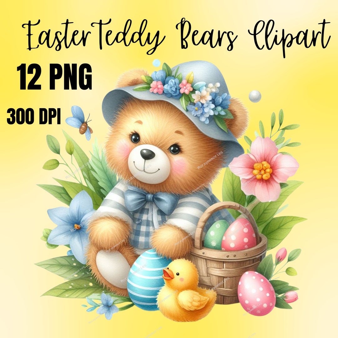 Watercolor Easter Teddy Bears Collection Clipart, 12 PNG Easter Clipart ...