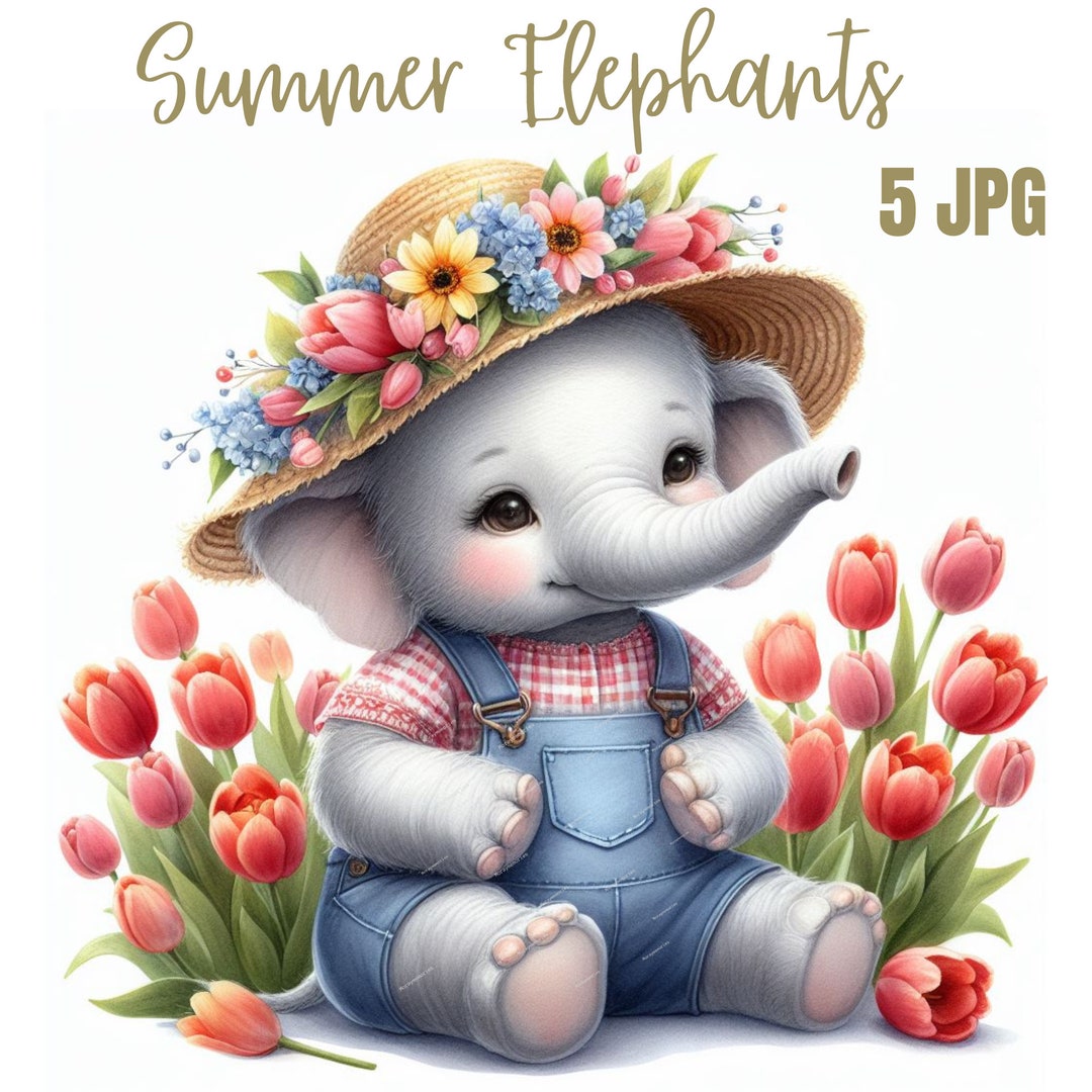 Summer Elephants JPG, Elephant Clipart, Baby Elephant Sublimation ...
