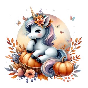 Watercolor Autumn Baby Unicorn Clipart, PNG Unicorn Clipart, Fall ...