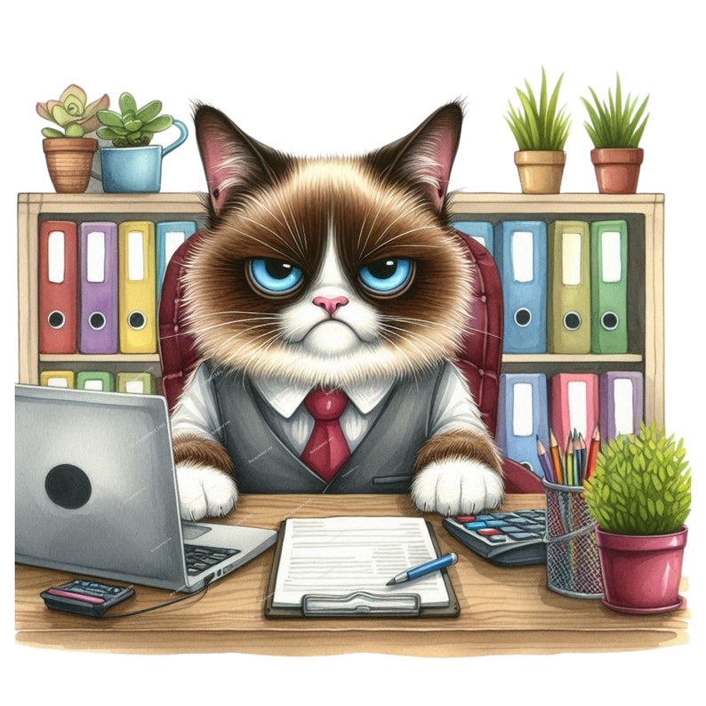 Watercolor Grumpy Office Cat Clipart, PNG Grumpy Animal Clipart, Cat ...