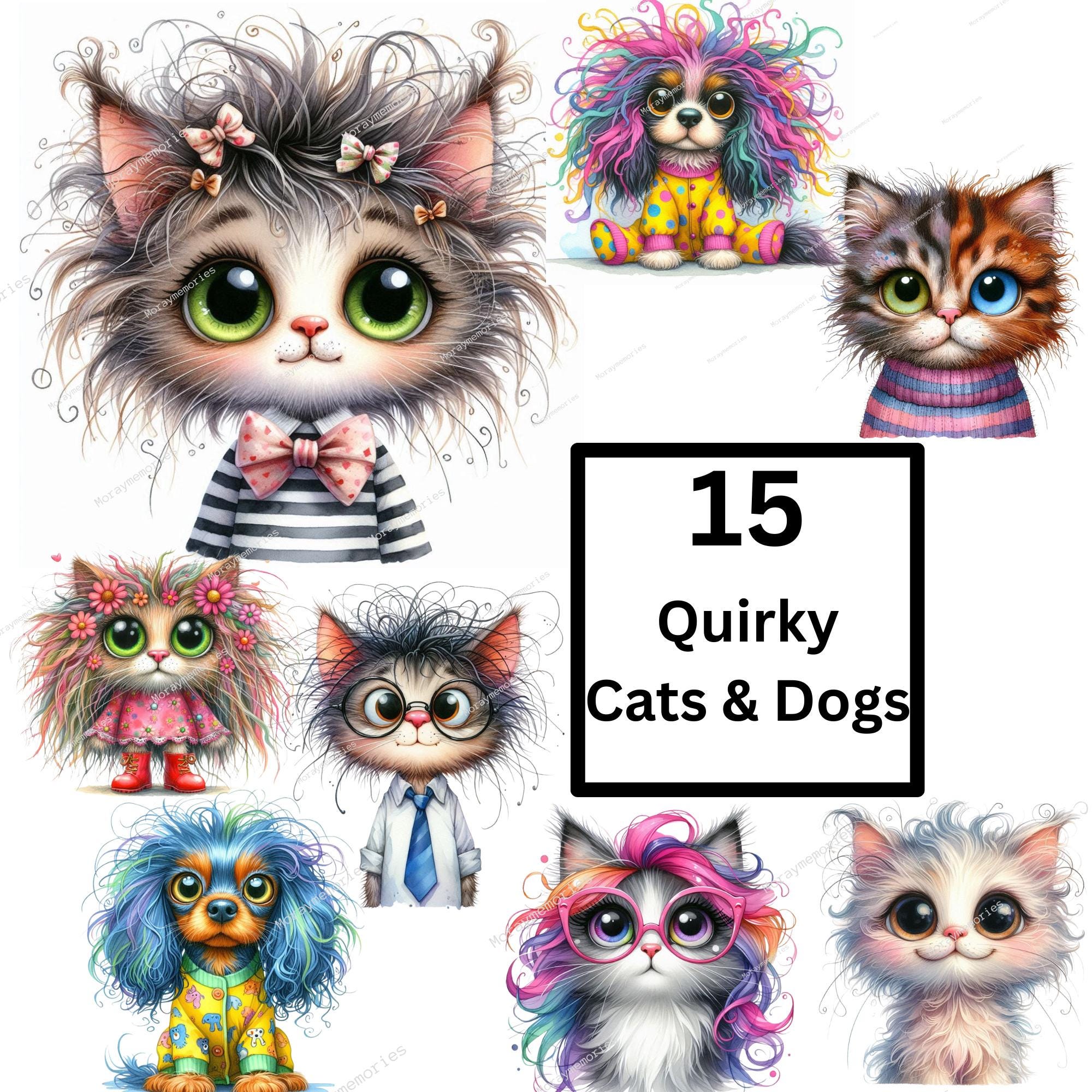 15 Whimsical Cat & Dog Clipart Bundle, Funny Watercolor Quirky Pets ...