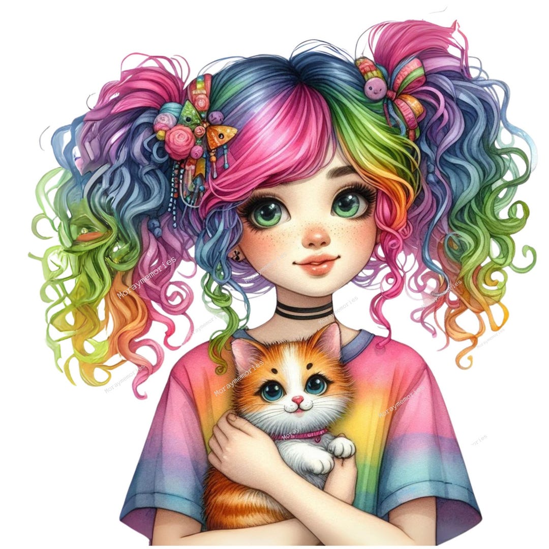 13 Quirky Girl Clipart, Girl With Cat, Commercial Use, Whimsical ...