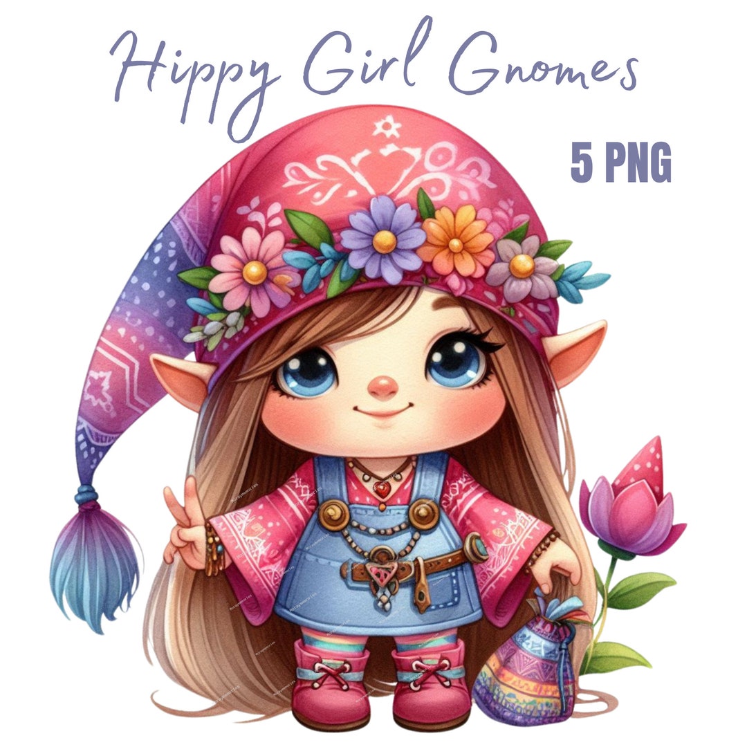 Hippy Gnome Girl Clipart, Whimsical Hippy Clip Art, Cute Hippy PNG ...