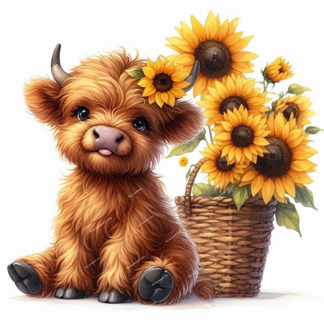 14 Highland Cow With Sunflowers Clipart Bundle –baby Highland Cow ...