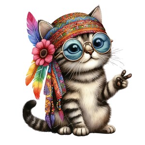 Hippy Cat Clipart | 5 Whimsical Cats Pngs | Kawaii Cat Illustrations ...
