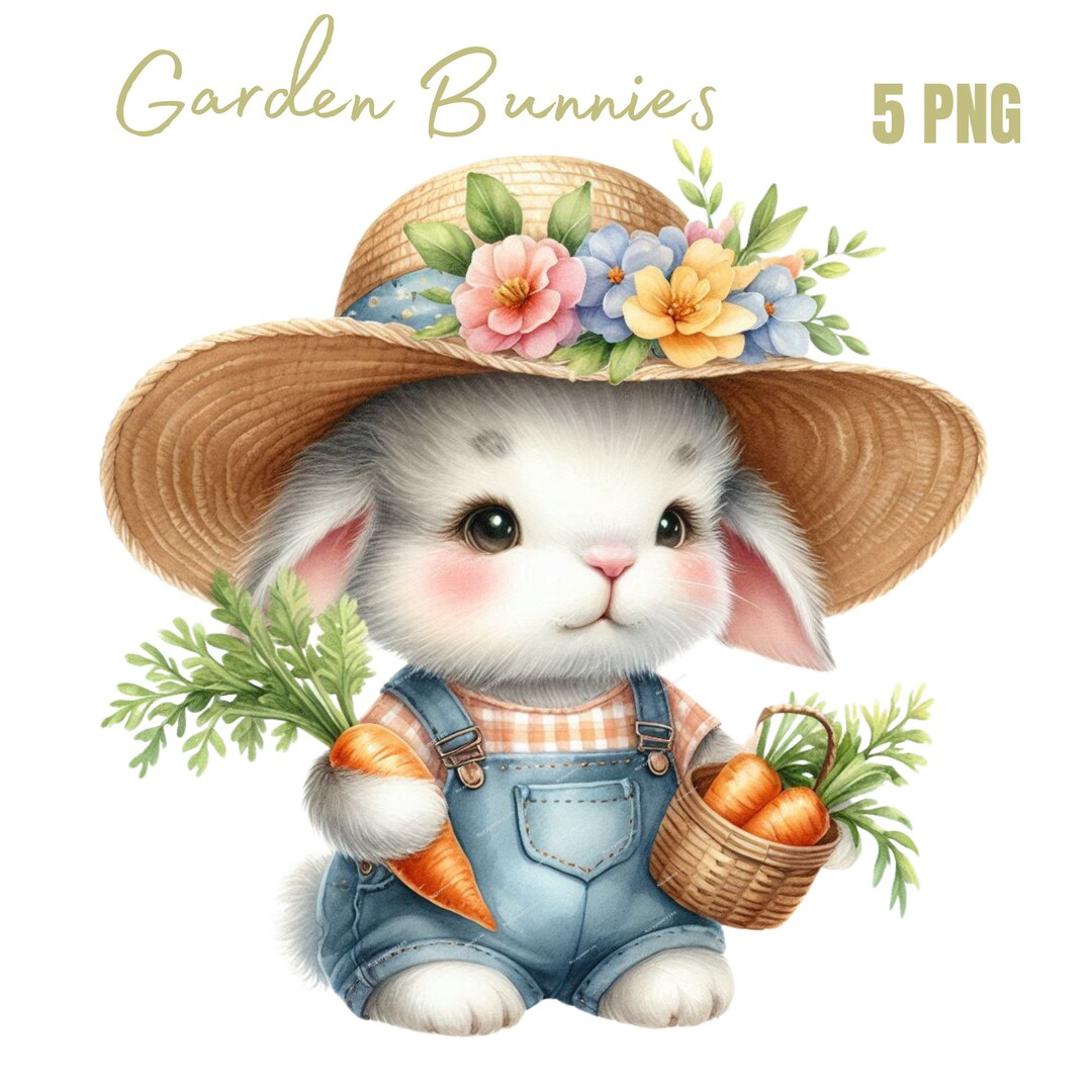 Garden Bunny Clipart Bundle, Cute Rabbit PNG, Cute Animals Graphics ...