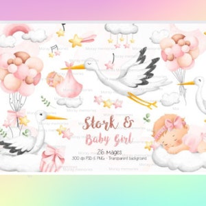 Stork and Baby Girl Clipart, Baby Shower, Nursery Clipart, Baby Girl ...