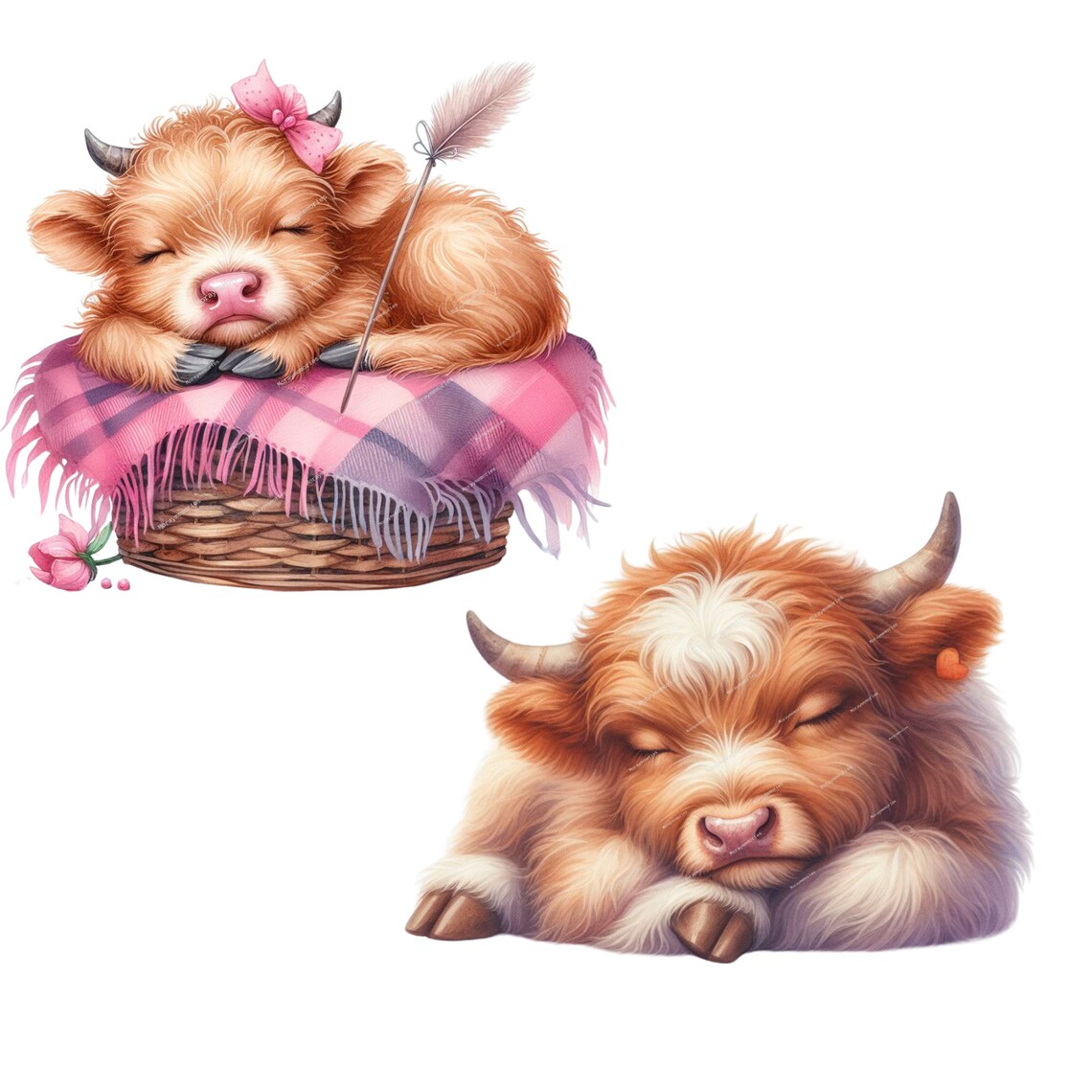 Watercolor Sleeping Baby Highland Cow Clipart, 12 PNG Cute Cow Clipart ...