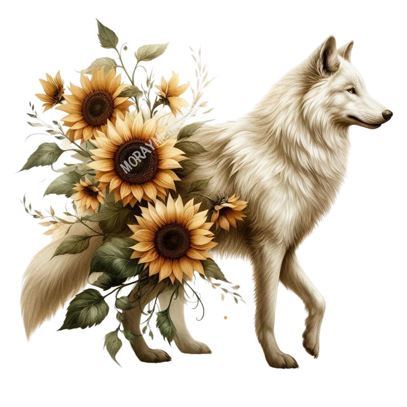 Wolf Sunflower PNG Bundle, Watercolor Wolf Clipart, Summer Floral Wolf ...