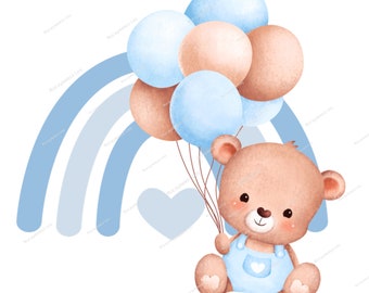 Teddy Bear Blue Balloons & Rainbow PNG, Teddy Bear Clipart, Bear Baby ...