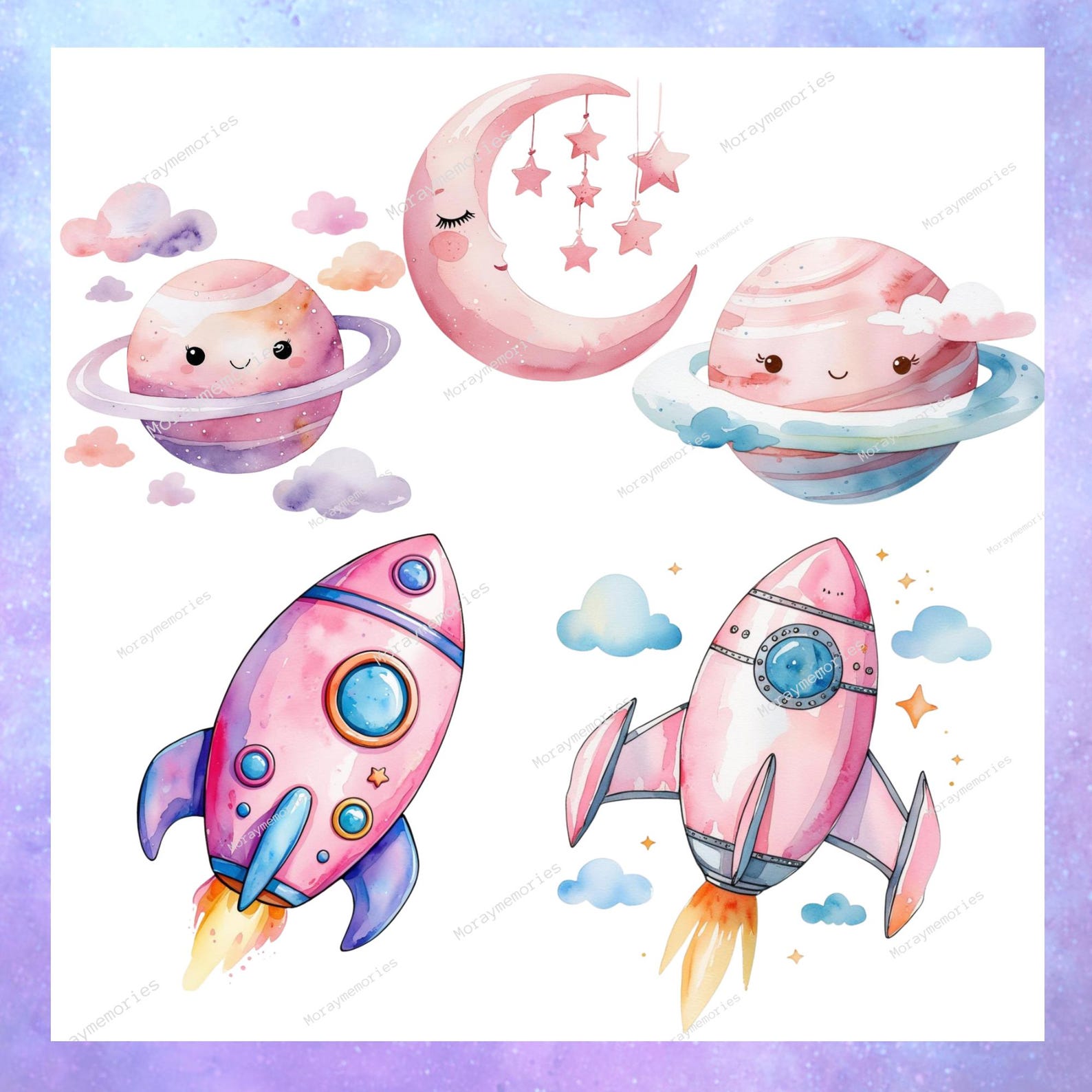 Pastel Space Clipart, Watercolor Cute Outer Space Clipart, Space Girl ...