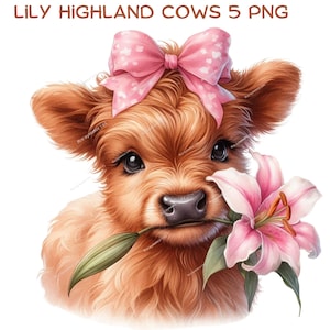 Cute Highland Cow With Lily Clipart, High Quality Pngs, Cow Png ...