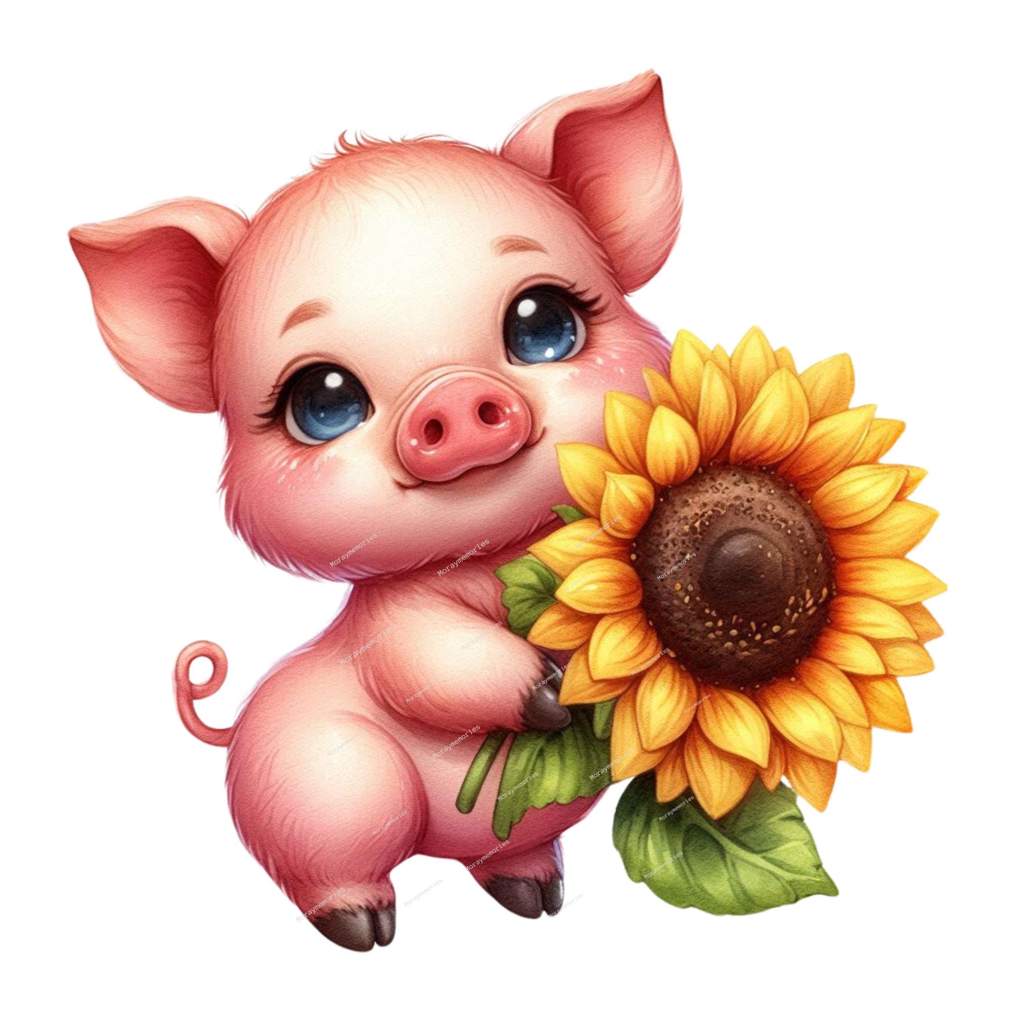 Cute Pigs and Sunflower Clipart, High Quality Pngs, Piglet Png, Floral ...
