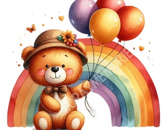 Teddy Bear Blue Balloons & Rainbow PNG, Teddy Bear Clipart, Bear Baby ...