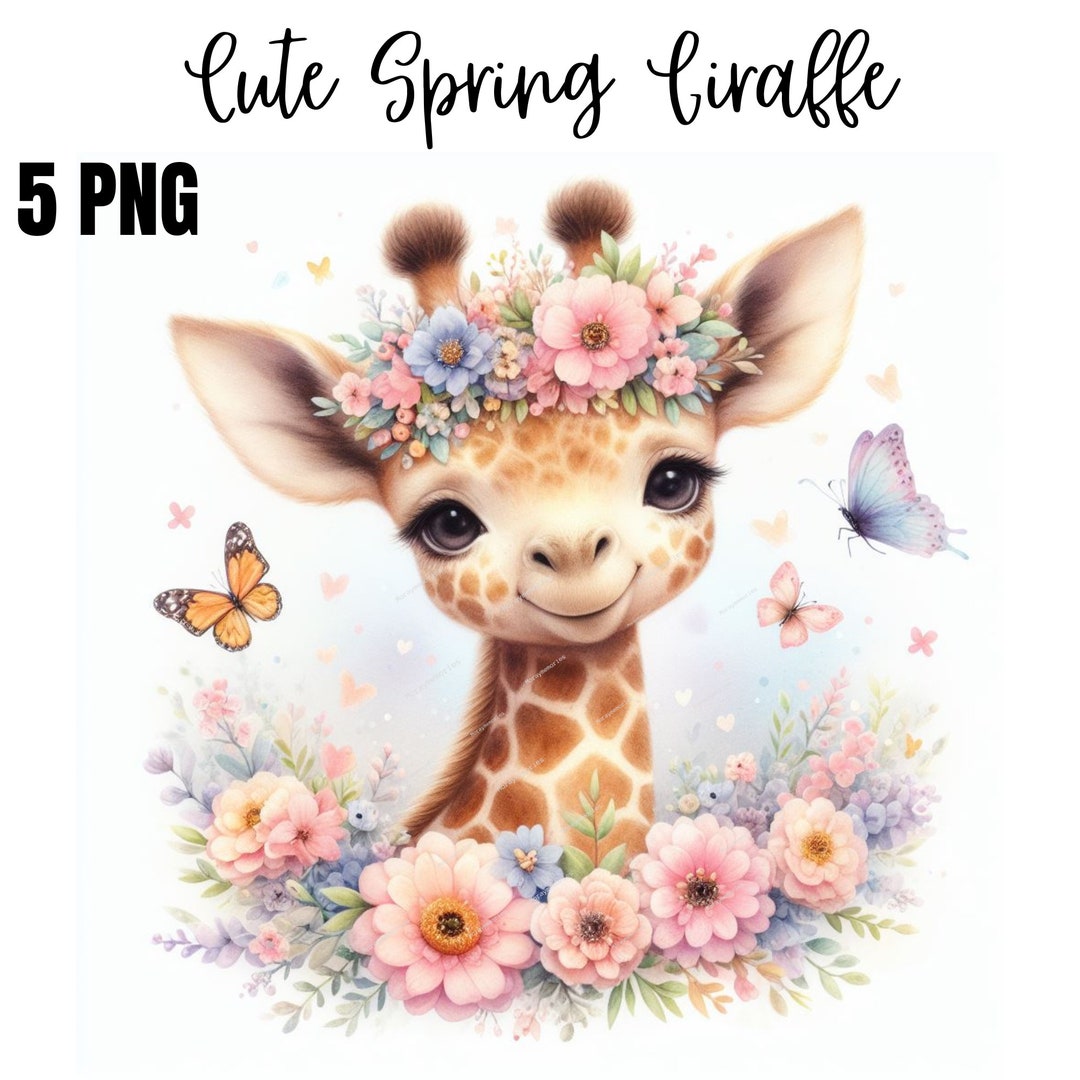 Watercolor Cute Giraffe Clipart Bundle, Baby Giraffe PNG, Floral ...