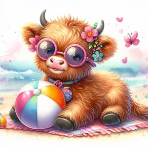 Watercolor Summer Highland Cows Collection Clipart, PNG Beach Clipart ...