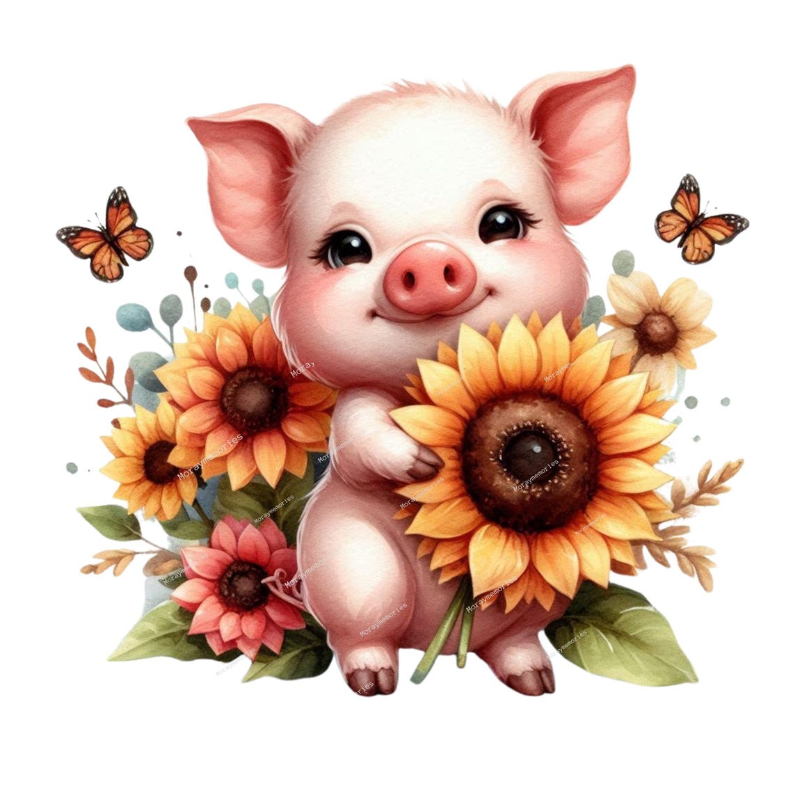 Cute Pigs and Sunflower Clipart, High Quality Pngs, Piglet Png, Floral ...