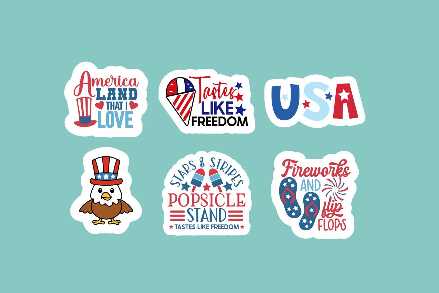 4th of July Sticker Set, Independence Day Stickers, Stars and Stripes ...