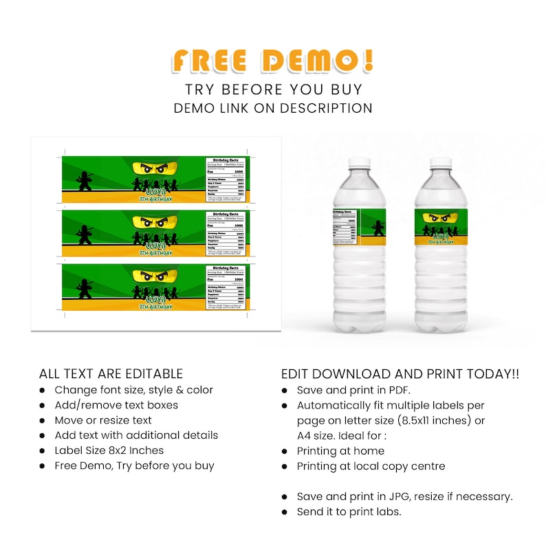 Printable Ninja Water Bottle Label | Ninja Brick Bottle Wrapper | Ninja ...
