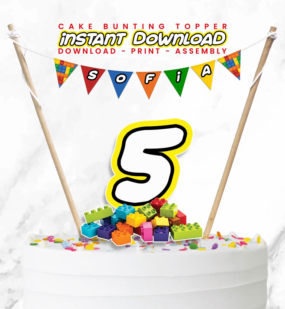 Brick Cake Topper | Brick Cake Bunting | Building Block Mini Flag ...