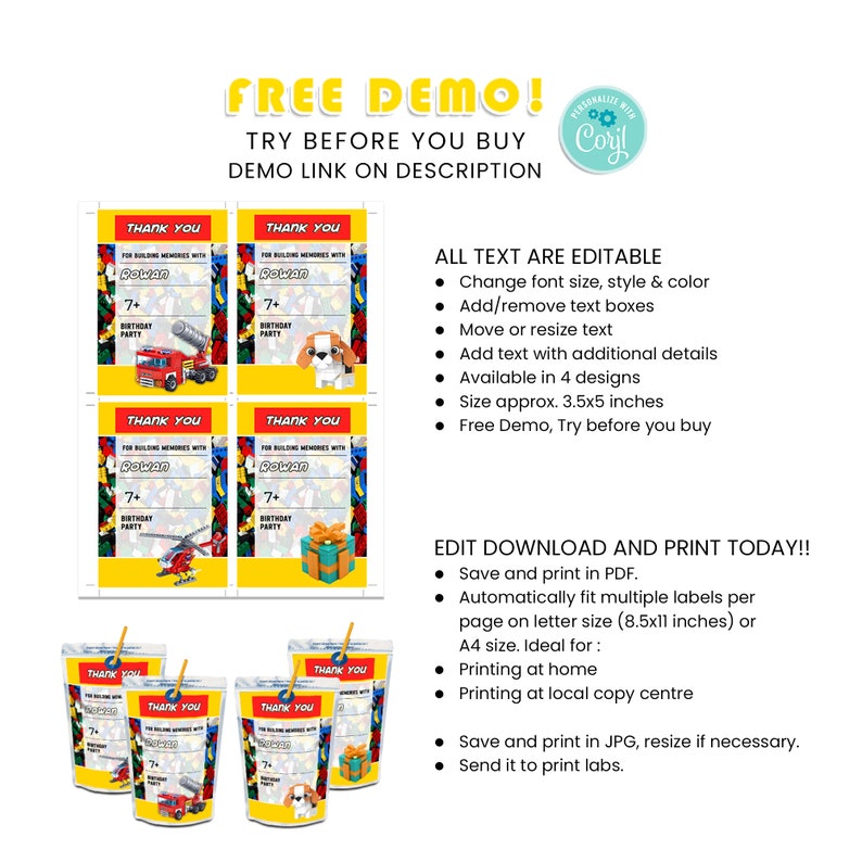Building Blocks Caprisun Label | Bricks Party, Editable Template ...