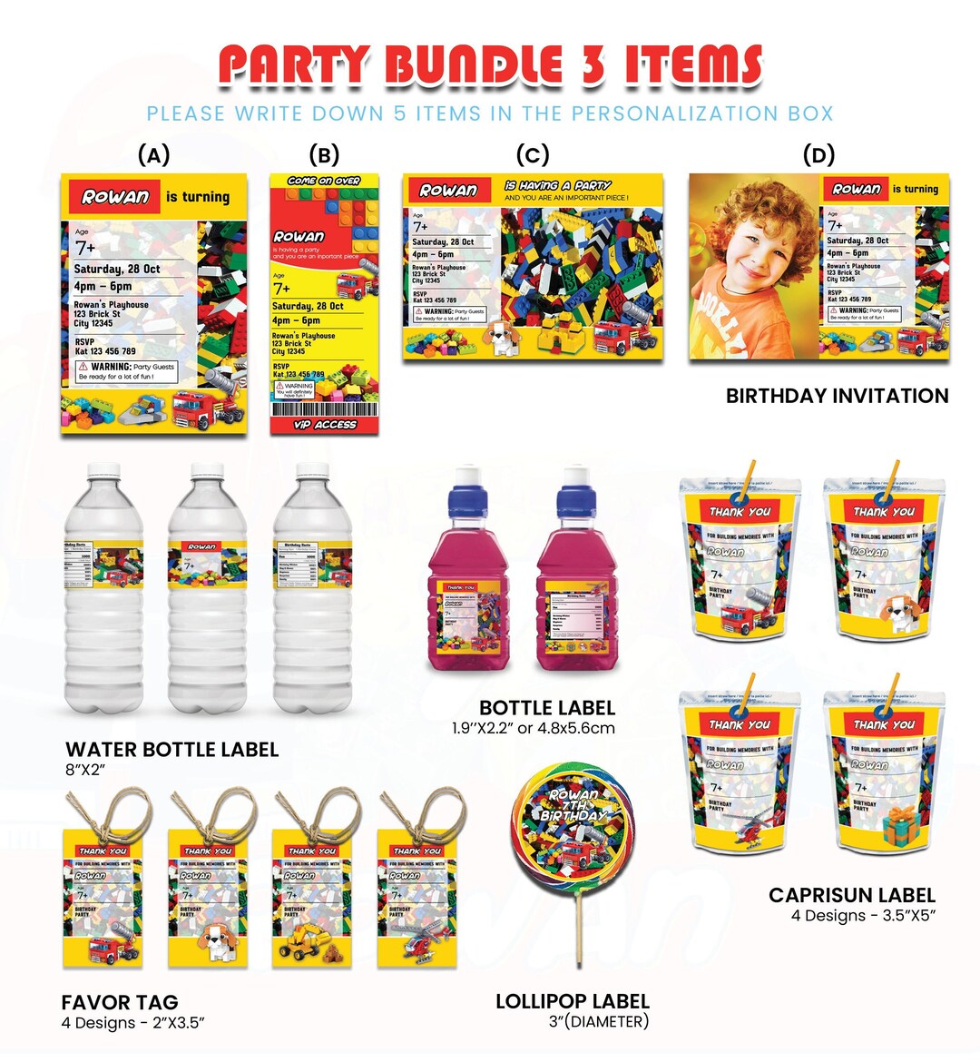 Printable Brick Party Bundle 3 Items Building Block Birthday Party Pack ...