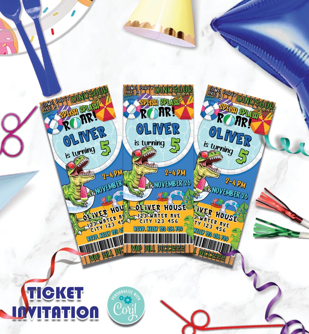 Dinosaur Birthday Ticket Invitation Dino Pool Party Invitation T-rex ...