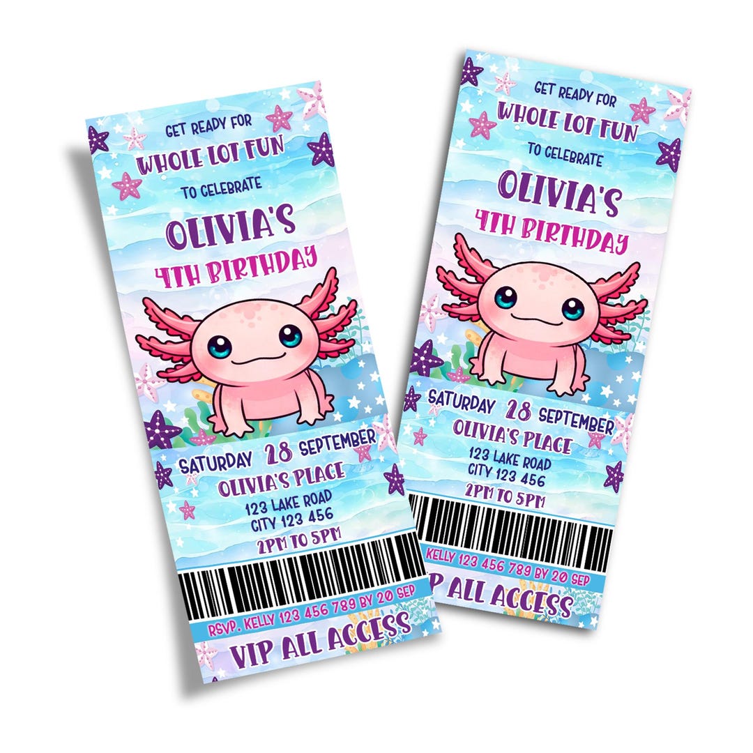 Personalized Axolotl Birthday Ticket Invitation, Kids Party (digital ...