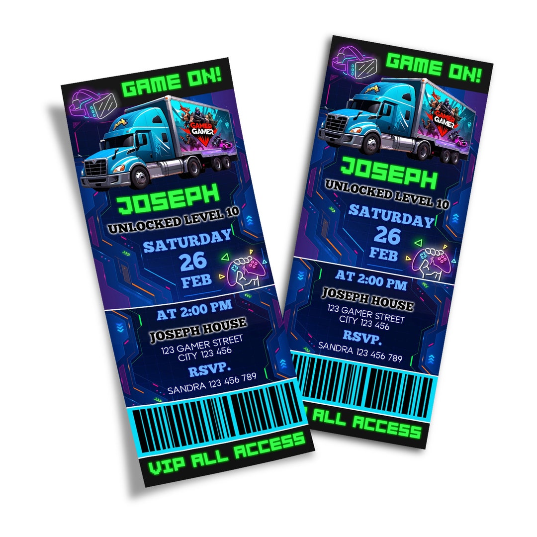 Printable Video Game Truck Birthday Invitation | Gamer Birthday Ticket ...