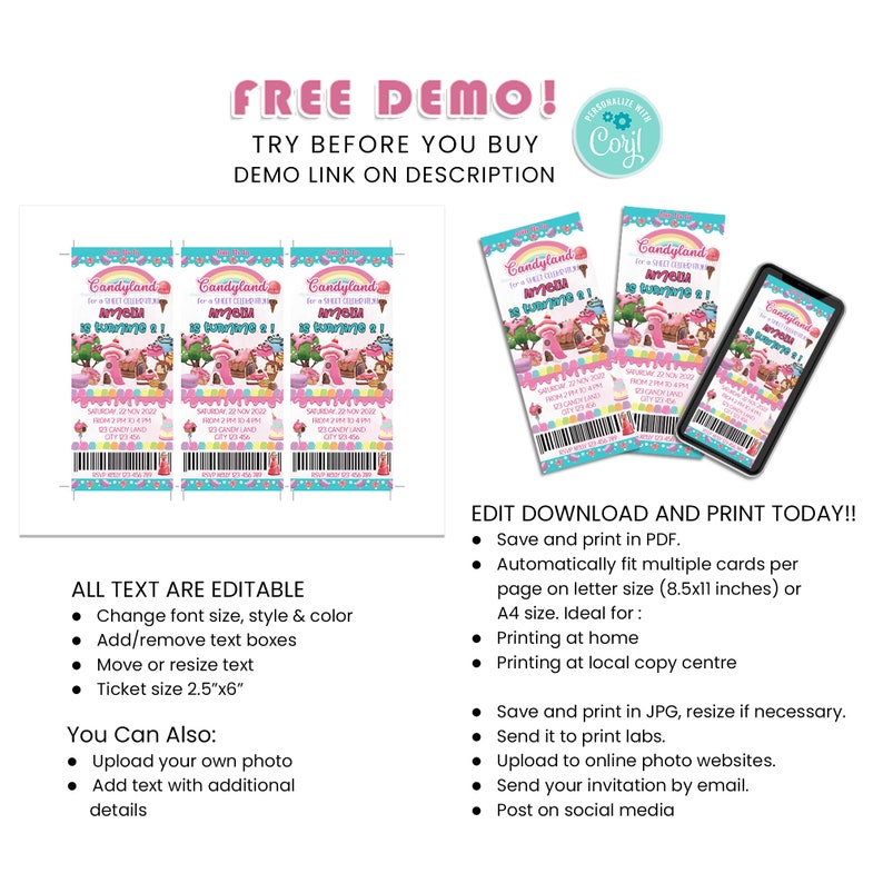 Candy Land Birthday Ticket Invitation, Sweet Party (digital Template ...