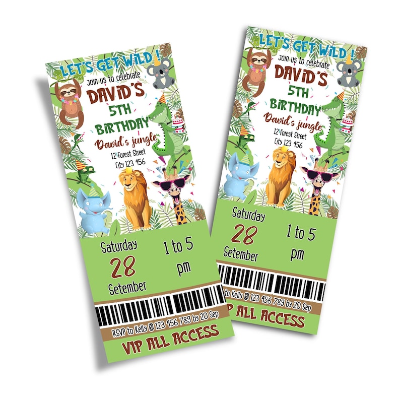 Zoo Birthday Ticket Invitation, Safari Animals, Green Jungle (digital ...
