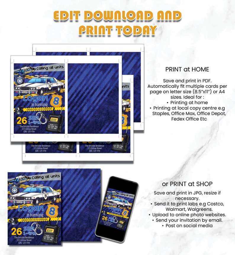 Printable Police Invitation Cop Birthday Invitations - Etsy