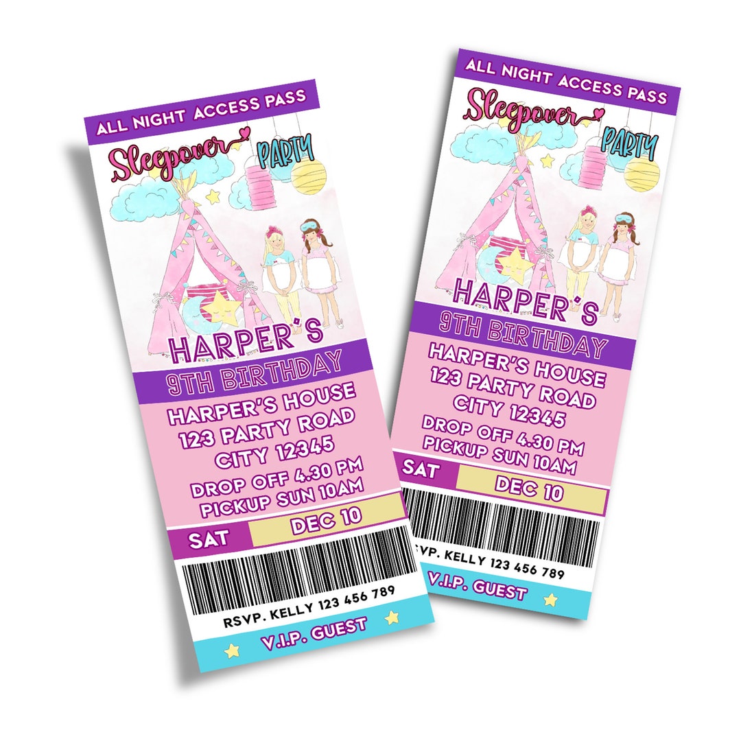 Girls Sleepover Ticket Invitation | Pajamas Birthday Invitation ...