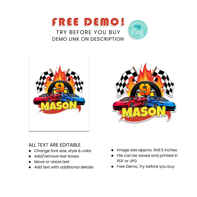 Race Car Cake Topper | Kids Birthday Party Decoration (digital Corjl ...