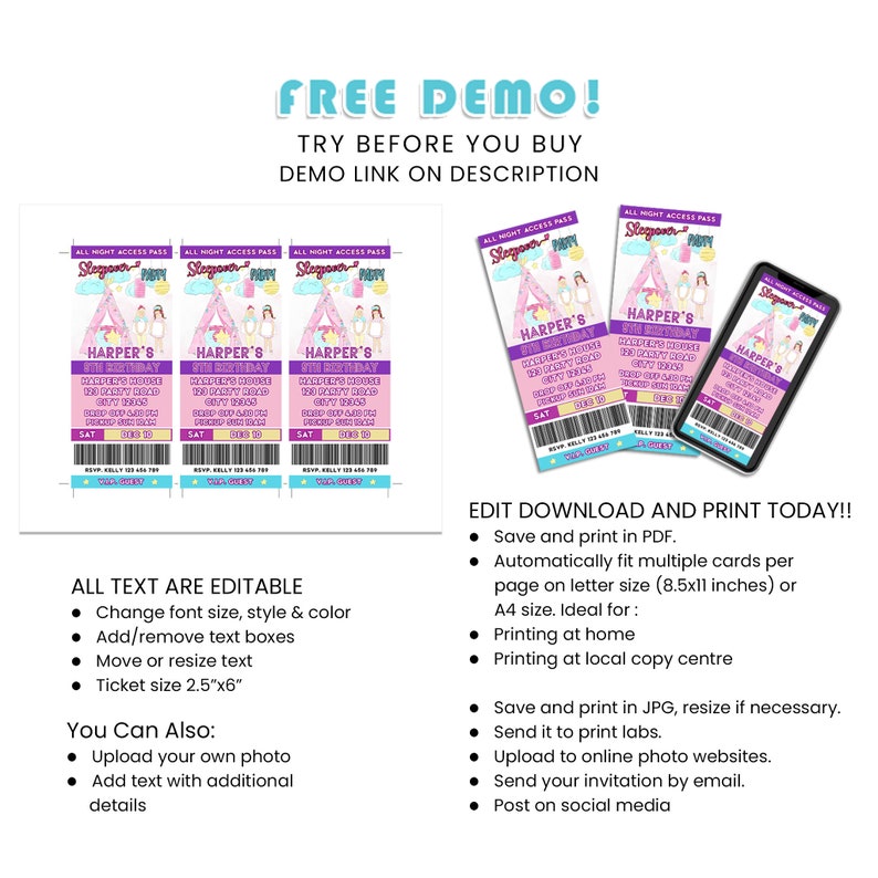 Sleepover Ticket Invitation Digital Download Slumber Party Admit One ...
