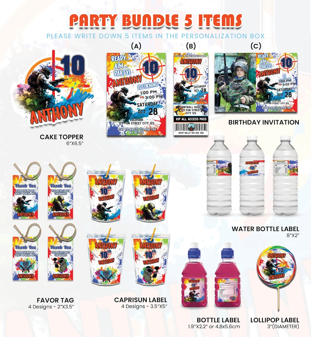 Printable Paintball Party Bundle 5 Items Paintball Birthday Party Pack ...