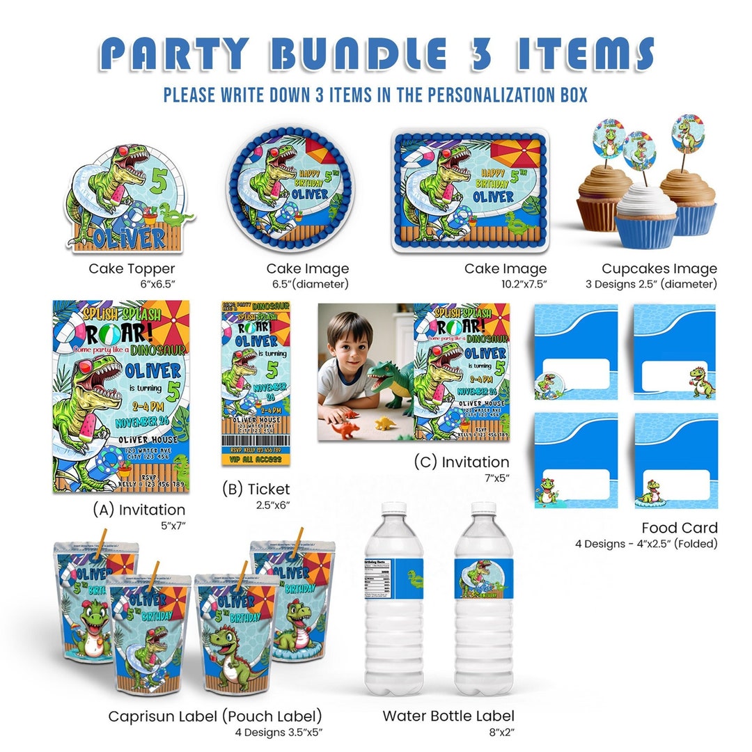 Printable Dino Pool Party Bundle 3 Items Dinosaur Birthday Pack Edit ...