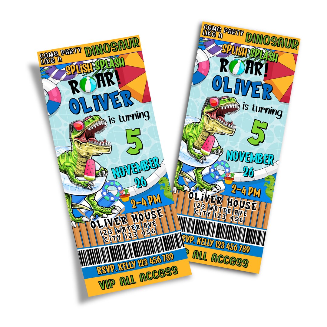 Printable Dinosaur Birthday Ticket Invitation | Dino Pool Party ...
