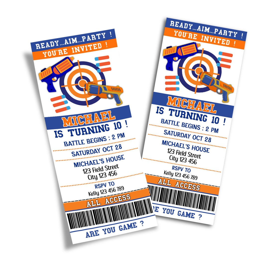 Editable Dart Gun Ticket Invitation | Gun War Birthday Invitation ...