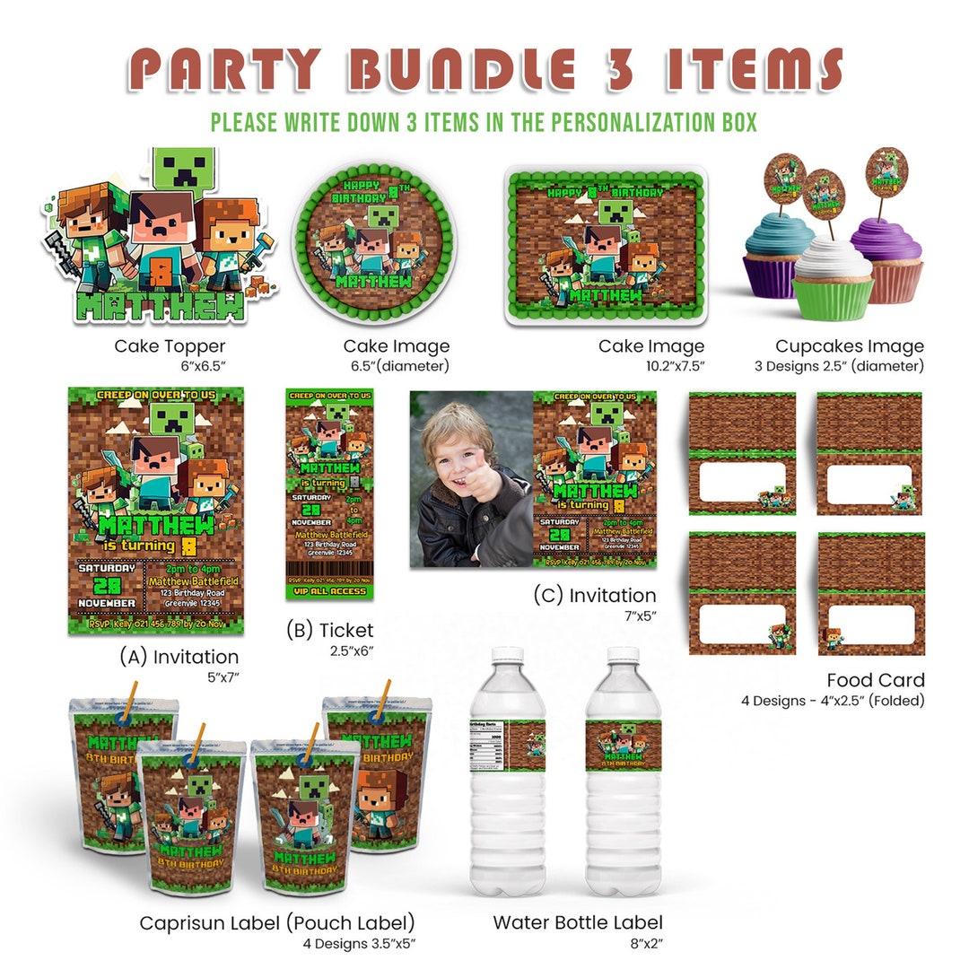 Printable Pixelated Party Bundle 3 Items Pixel Games Party Pack Mine ...
