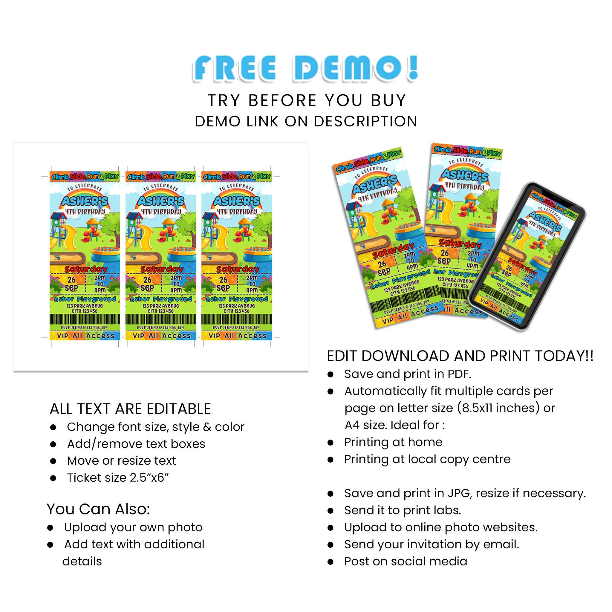 Editable Playground Invitation | Playground Ticket Invitation | Party ...