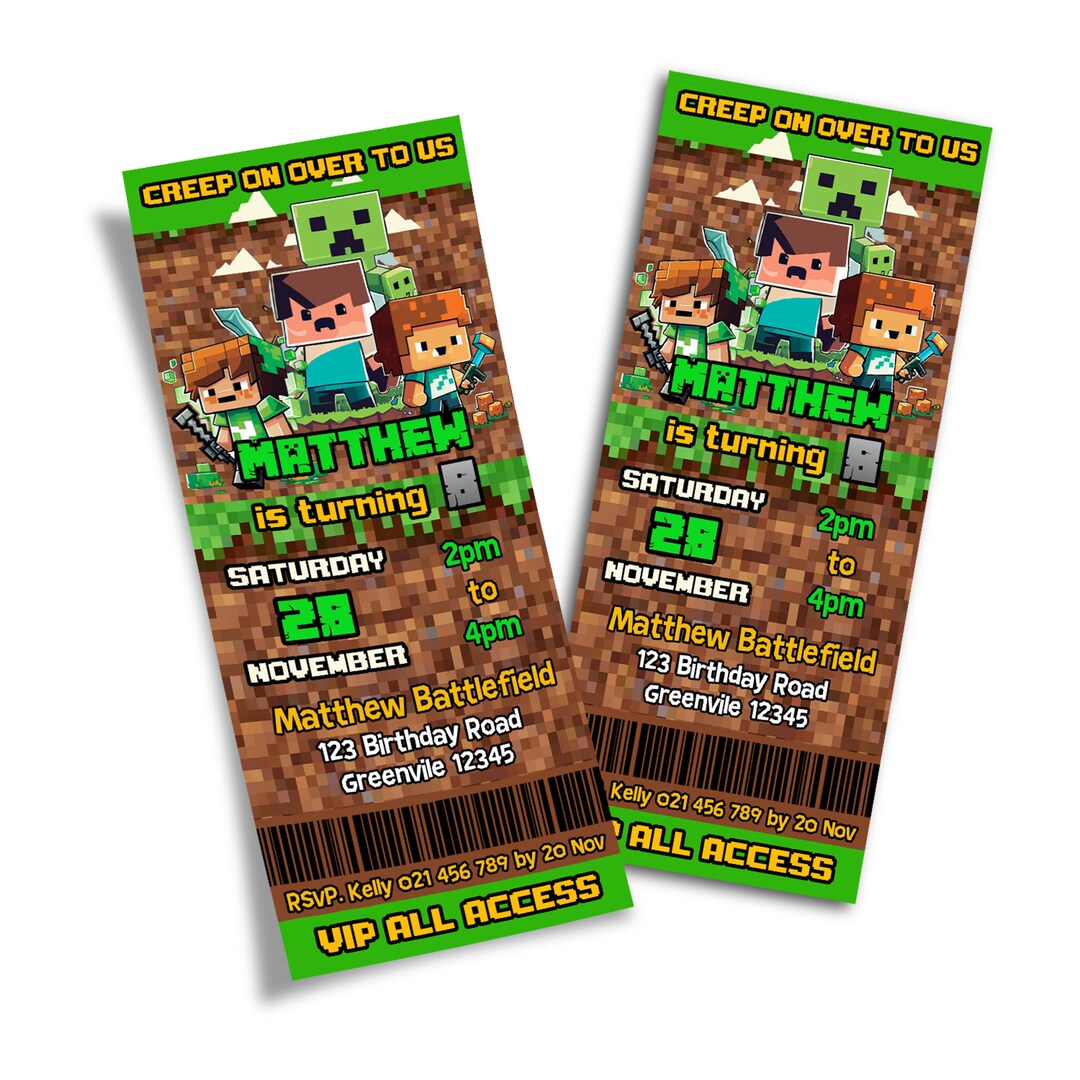 Printable Pixelated Ticket Invitation Pixel Games Birthday Invitation ...
