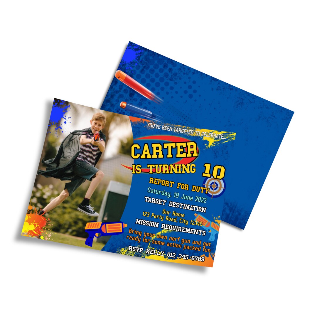 Printable Dart Gun Invitation With Photo | Dart War Birthday Invitation ...