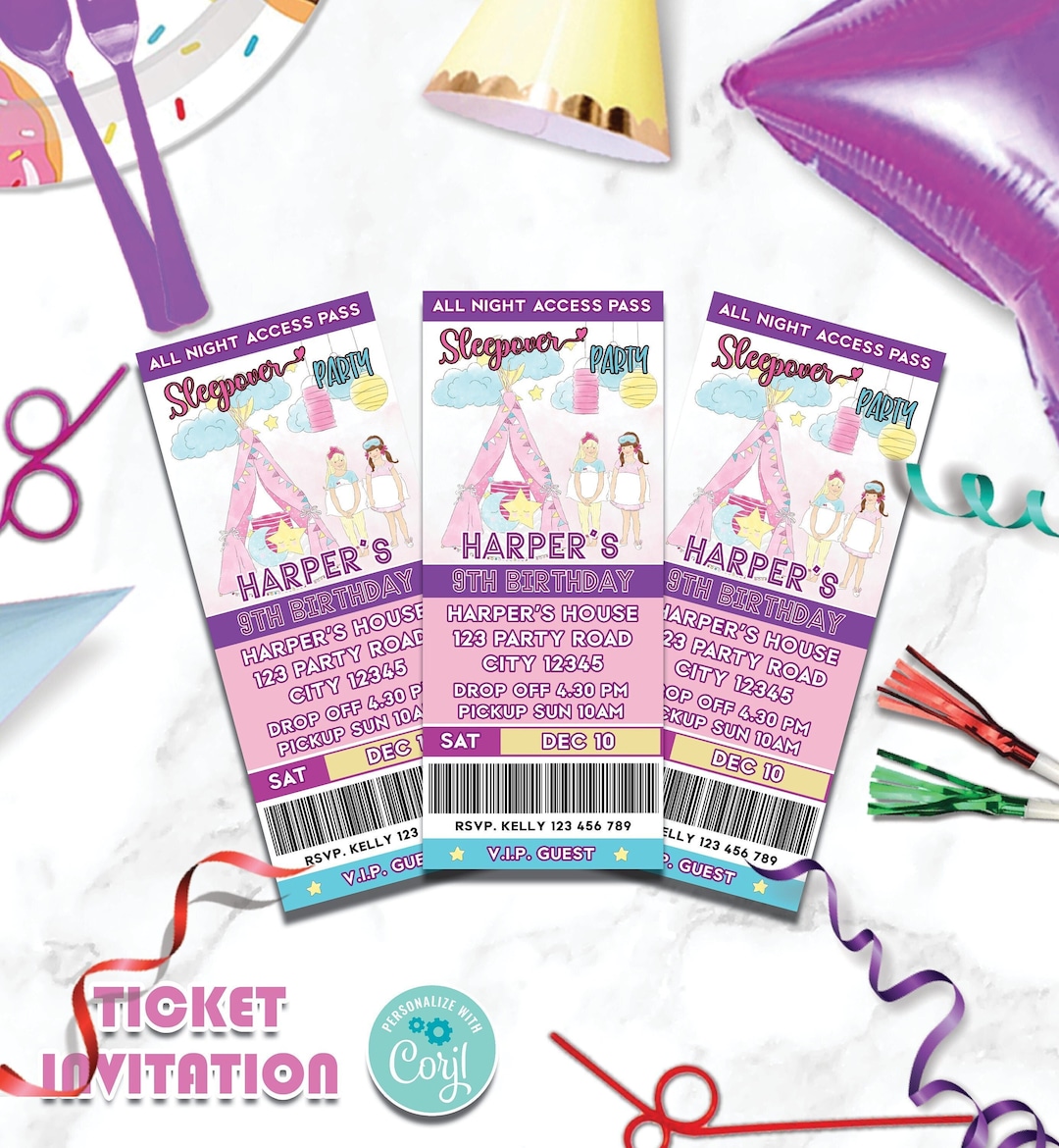 Girls Sleepover Ticket Invitation Pajamas Birthday - Etsy