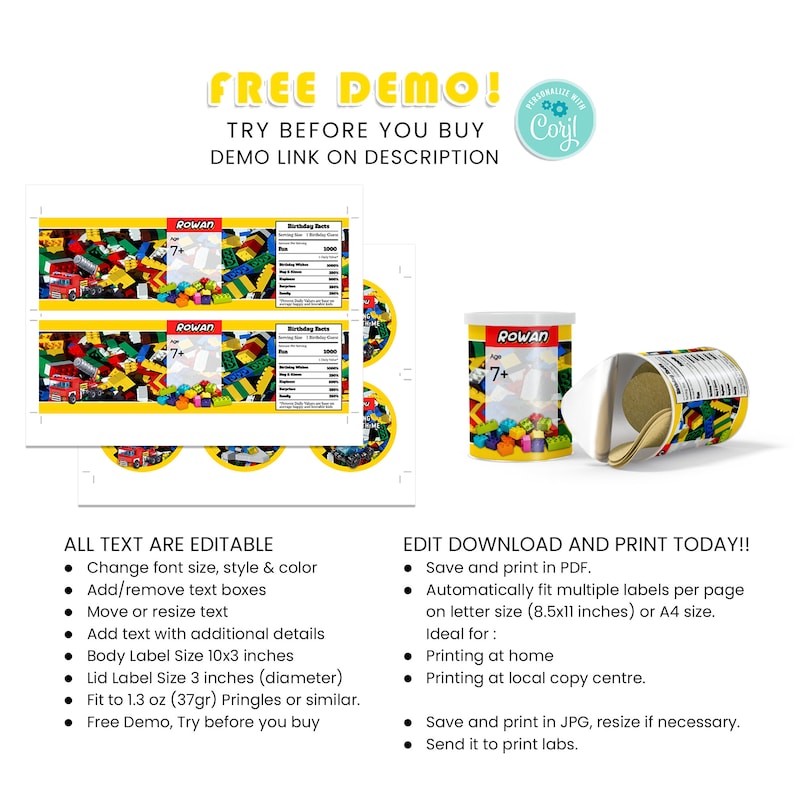 Brick Birthday Party Chip Can Label | Building Block Theme (printable ...