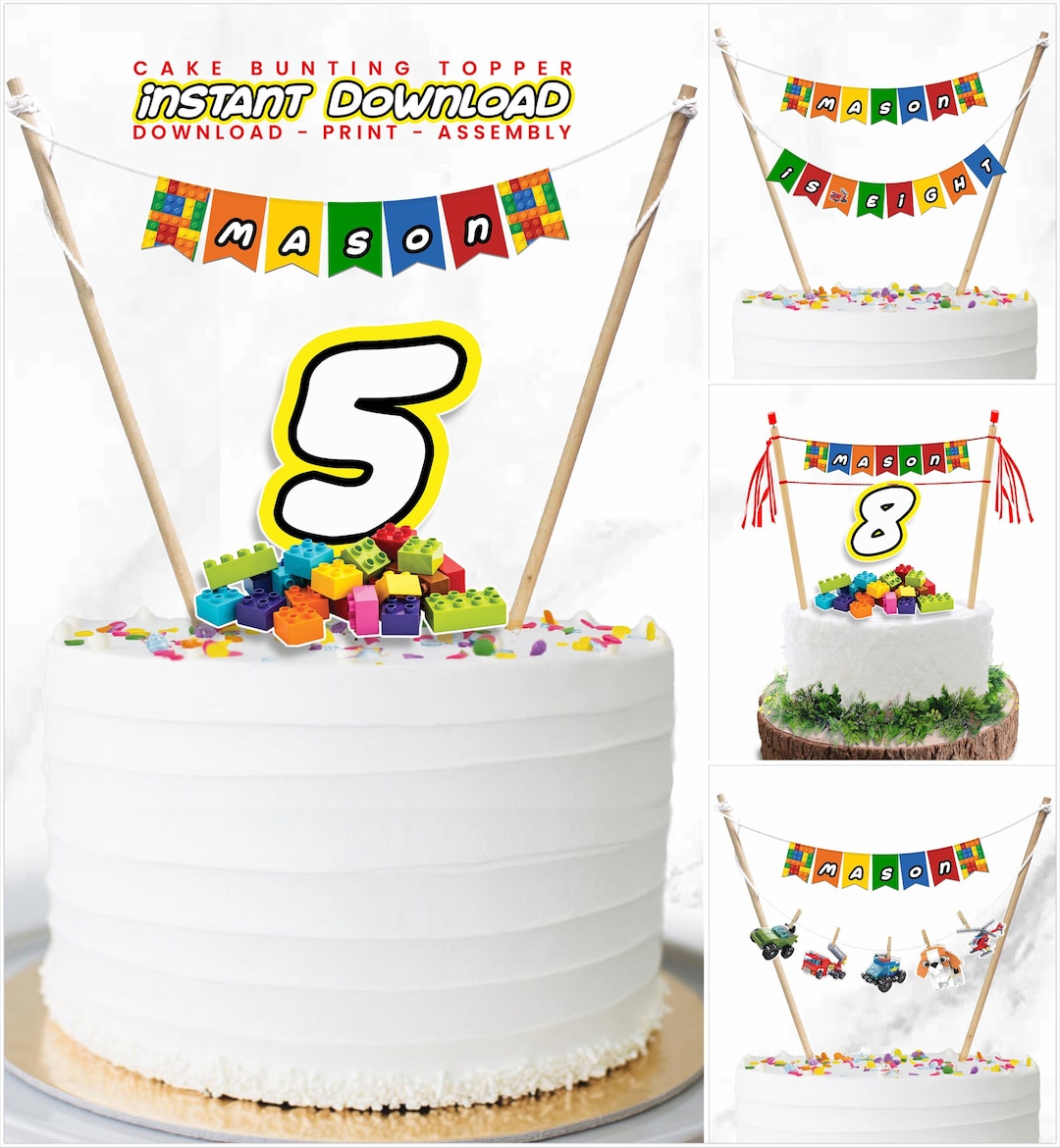 Brick Cake Topper | Brick Cake Bunting | Building Block Mini Flag ...